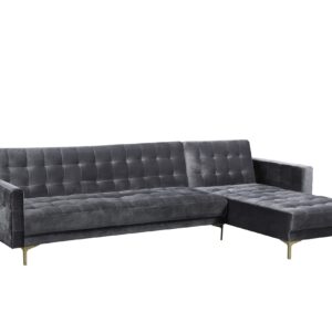 Iconic Home Amandal Convertible Sofa Sleeper Bed L Shape Chaise Tufted Velvet Upholstered Gold Tone Metal Y-Leg Modern Contemporary, Right Facing Sectional, Grey Velvet