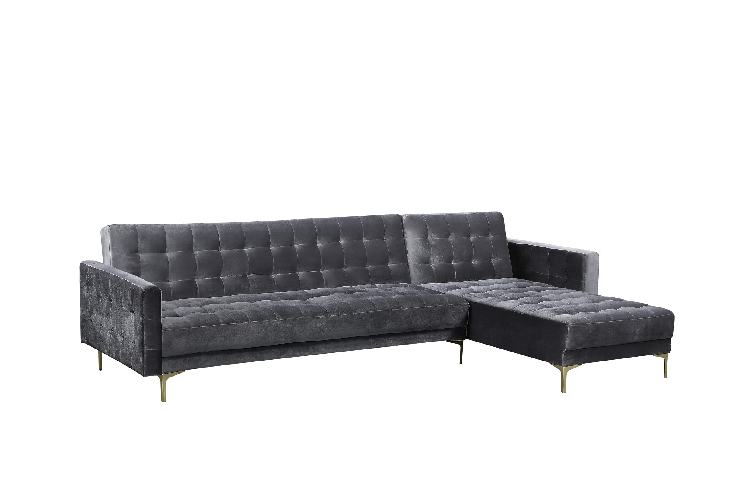 Iconic Home Amandal Convertible Sofa Sleeper Bed L Shape Chaise Tufted Velvet Upholstered Gold Tone Metal Y-Leg Modern Contemporary, Right Facing Sectional, Grey Velvet