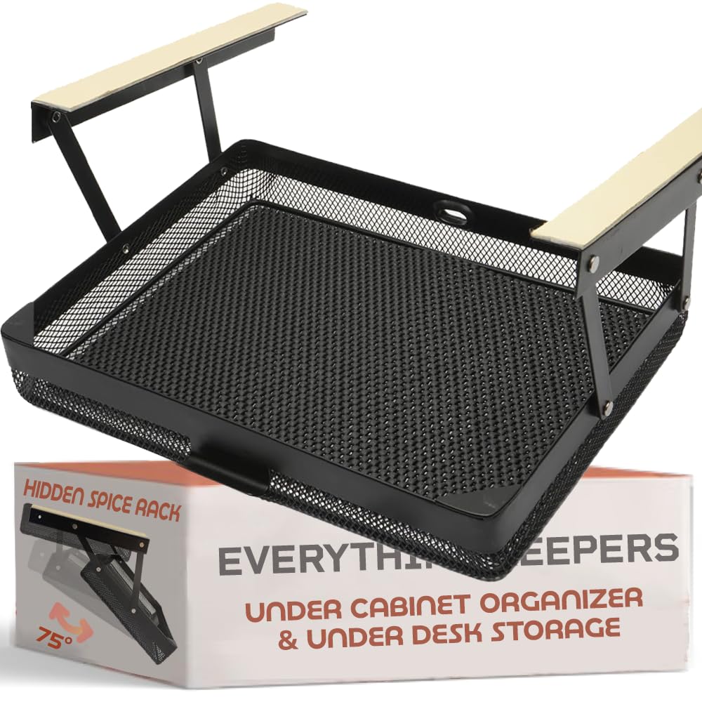 Everything Keeper - Organizer for Home, Kitchen, Bathroom, RV, Small Spaces - Storage Organizers - Compact Metal Basket - Under Cabinet Holder - Easy Install - Holds Strong - 13 x 10 x 2.5 in - Black