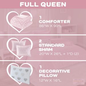 Mi Zone Rosalie Comforter Set for Girls, Ultra-Soft Microlight Plush Metallic Printed Hearts Brushed Reverse Overfilled Down Alternative Hypoallergenic All Season, , Full/Queen, Pink/Silver, 4 Piece