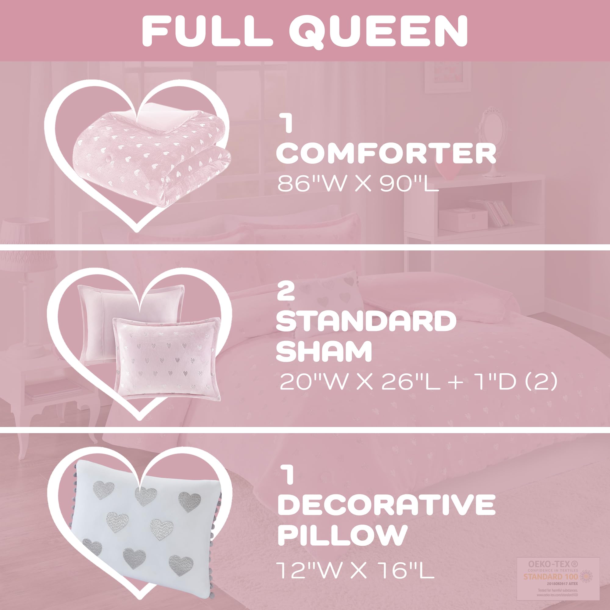 Mi Zone Rosalie Comforter Set for Girls, Ultra-Soft Microlight Plush Metallic Printed Hearts Brushed Reverse Overfilled Down Alternative Hypoallergenic All Season, , Full/Queen, Pink/Silver, 4 Piece