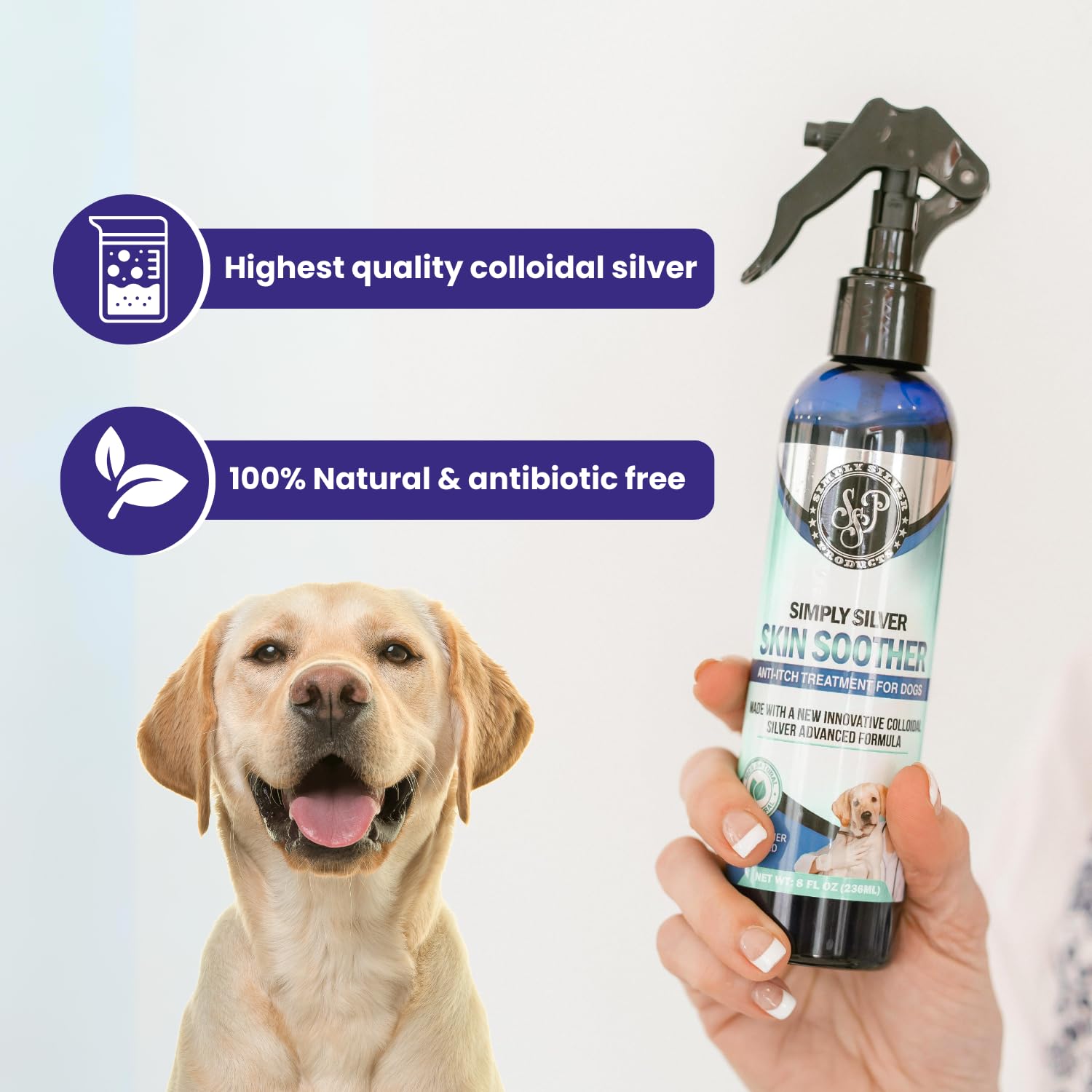 Simply Silver Skin Soother Spray for Dogs Sensitive Skin - All Natural with Colloidal Silver and Yarrow, Relieves Burning and Itching, Non-Toxic, Alcohol and Chemical Free