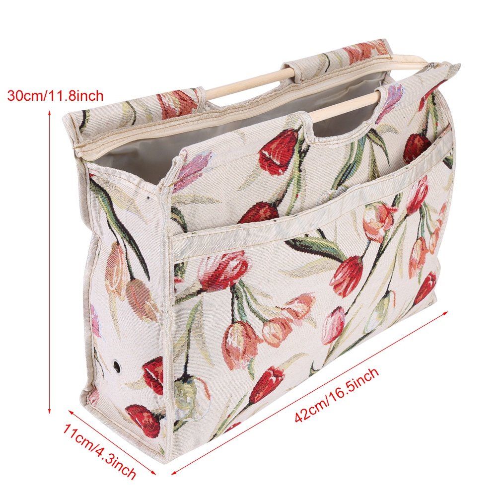 Knitting Tote Bag,Exquisite Practical Wood Handle Woven Fabric Storage Bag for Knitting Needles Sewing Tools (Red Flower)