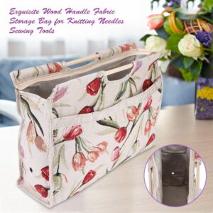 Knitting Tote Bag,Exquisite Practical Wood Handle Woven Fabric Storage Bag for Knitting Needles Sewing Tools (Red Flower)