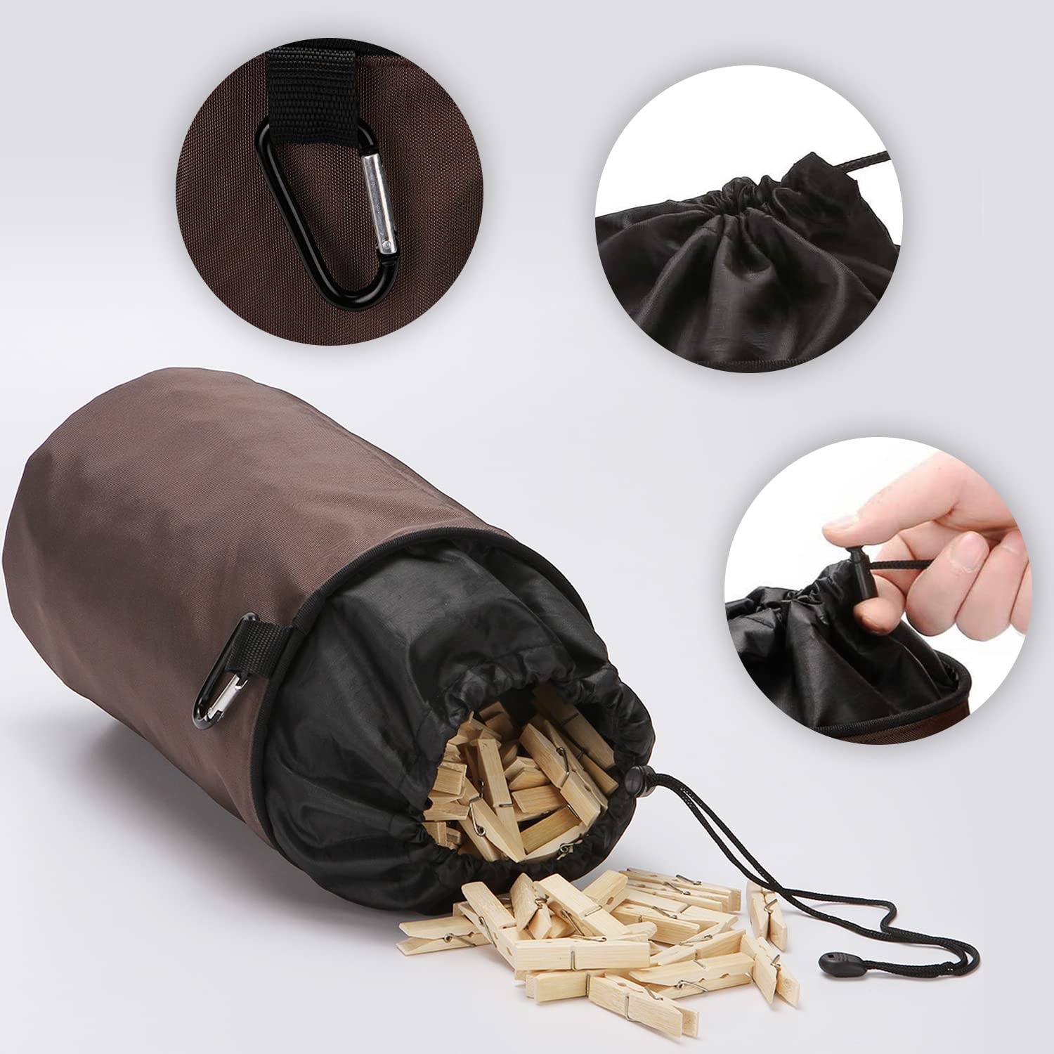 Yochea Clothespin Holder Bag outdoor,Water-resistant Peg Basket with Hanger/Drawstring Closure (coffee)