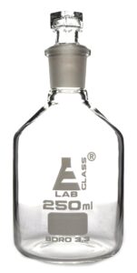 eisco reagent bottle, borosilicate glass, narrow mouth with interchangeable hexagonal hollow glass stopper - 250ml labs