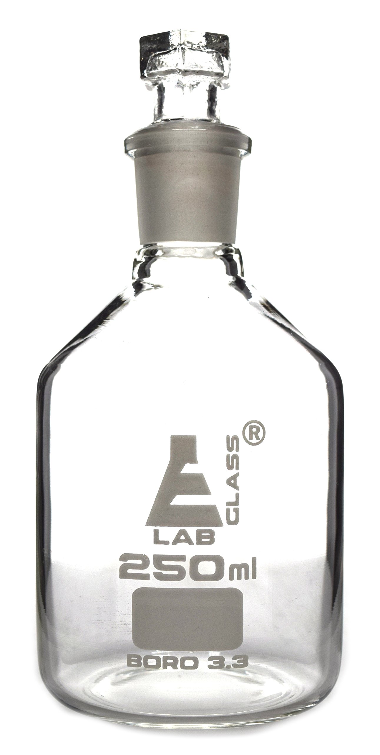 EISCO Reagent Bottle, Borosilicate Glass, Narrow Mouth with Interchangeable Hexagonal hollow glass Stopper - 250ml Labs