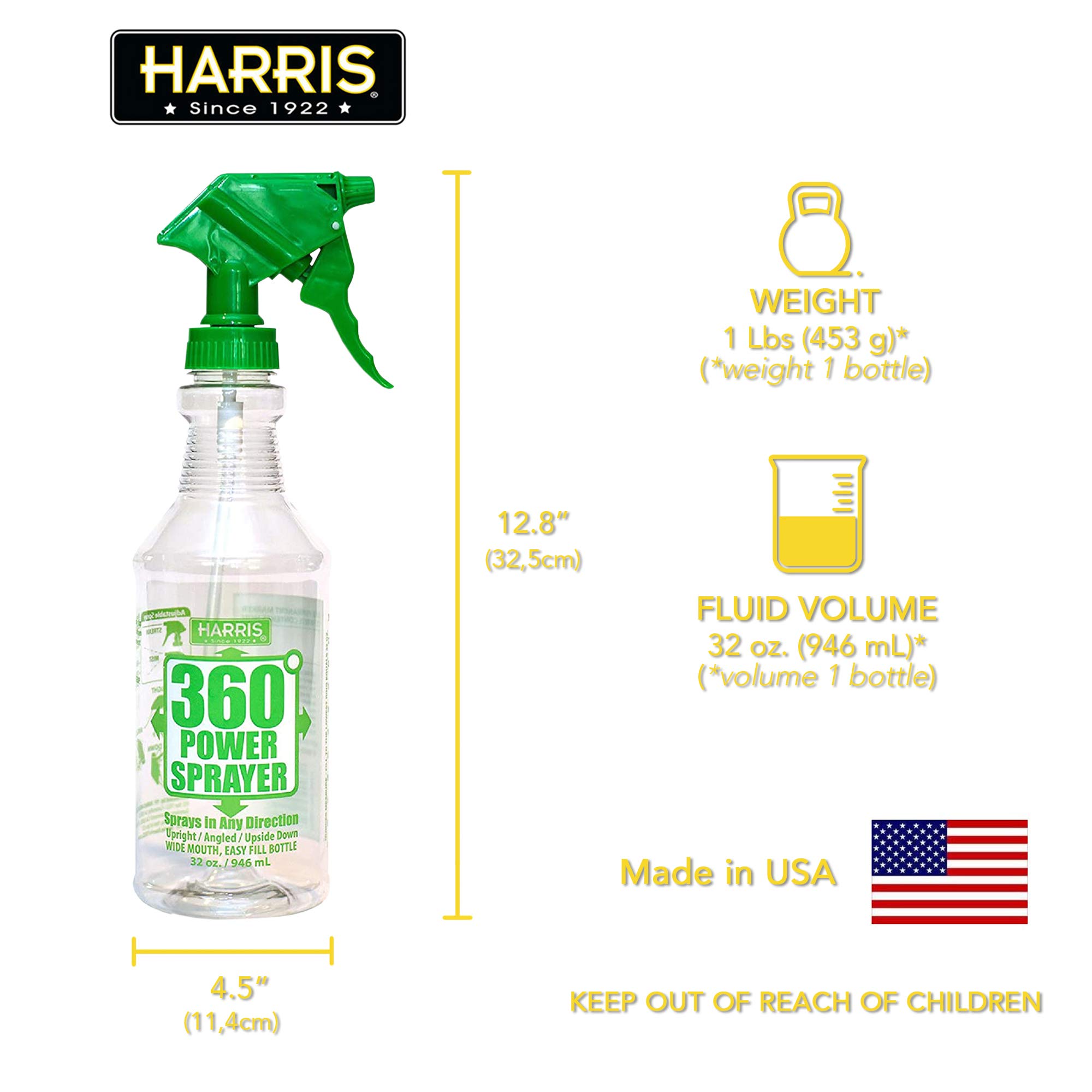 HARRIS Professional Wide Mouth 32oz Empty Spray Bottles for Cleaning Solutions (3-Pack), All-Purpose with Clear Finish, Pressurized Sprayer, Adjustable Nozzle and Measurements