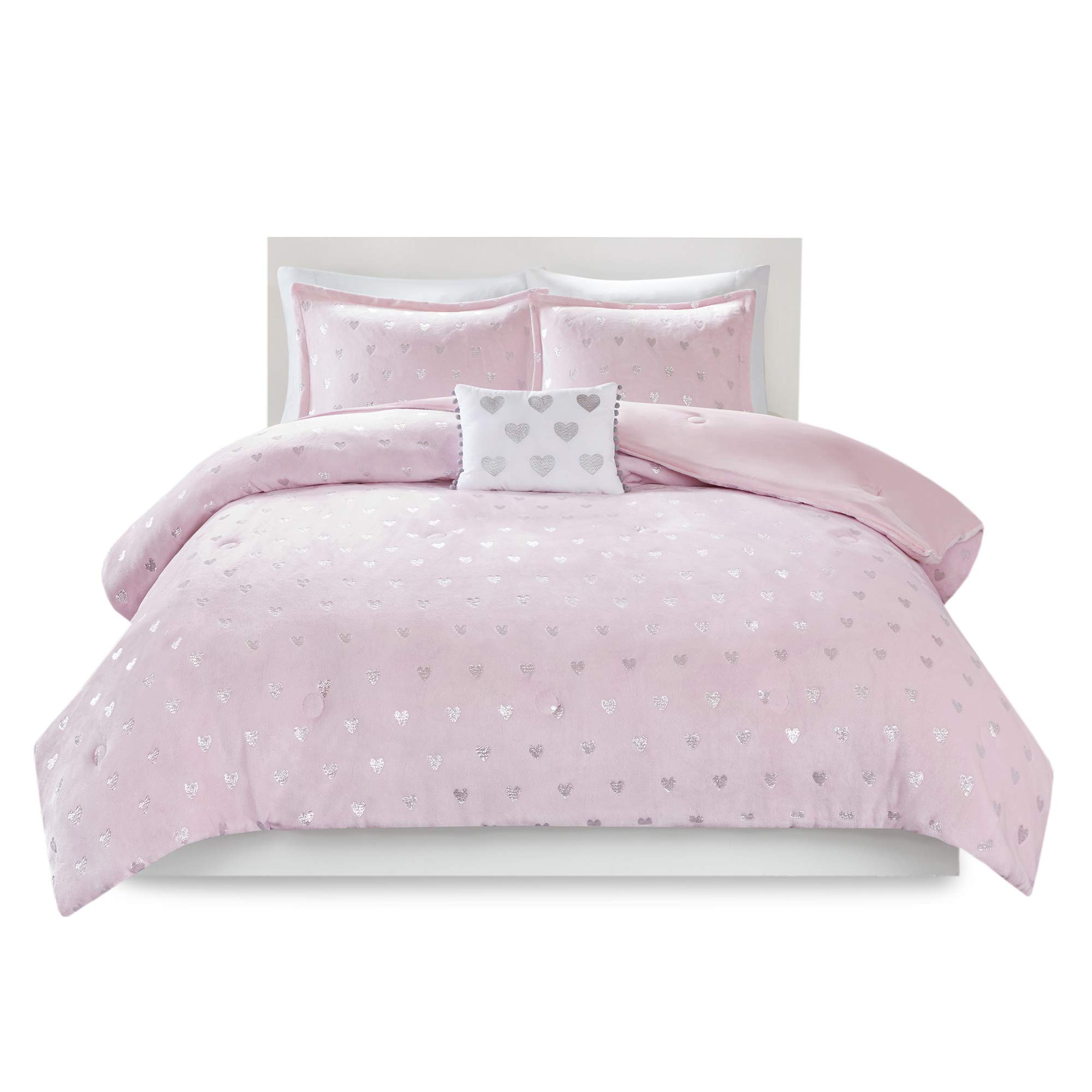 Mi Zone Rosalie Comforter Set for Girls, Ultra-Soft Microlight Plush Metallic Printed Hearts Brushed Reverse Overfilled Down Alternative Hypoallergenic All Season, , Full/Queen, Pink/Silver, 4 Piece