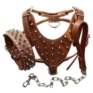 haoyueer leather spiked studded medium & large dog collars, harnesses & chain leashes 3pcs matching set for pit bull,mastiff, boxer, bull terrier