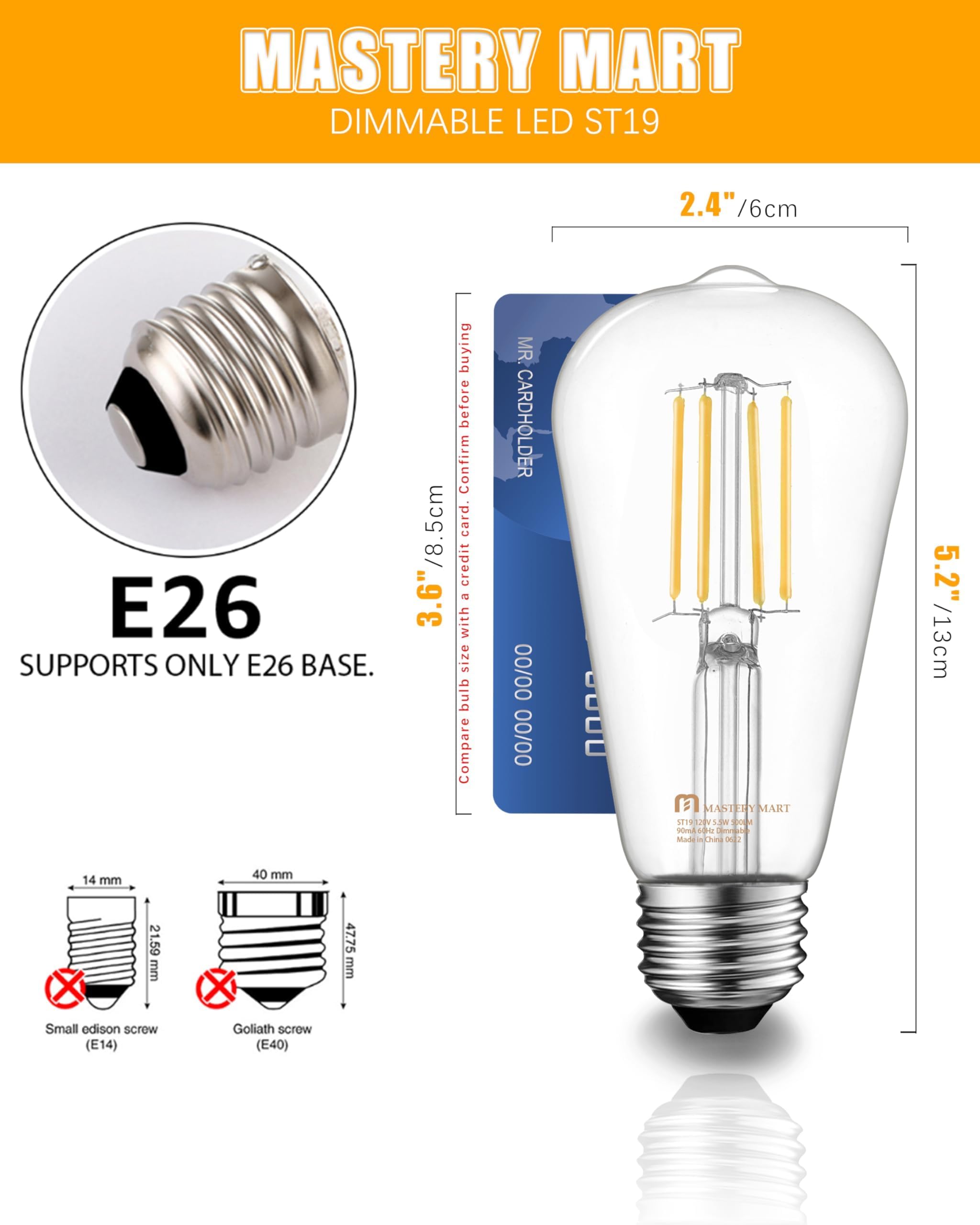 MASTERY MART 10 Pack Vintage LED Edison Bulbs, E26 Led Bulb 5.5W Equivalent to 60W, Dimmable, Soft White 2700K, High Brightness ST58 Antique LED Filament Bulbs, Clear Glass