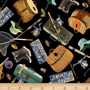 timeless treasures gone fishing fishing gear black, fabric by the yard