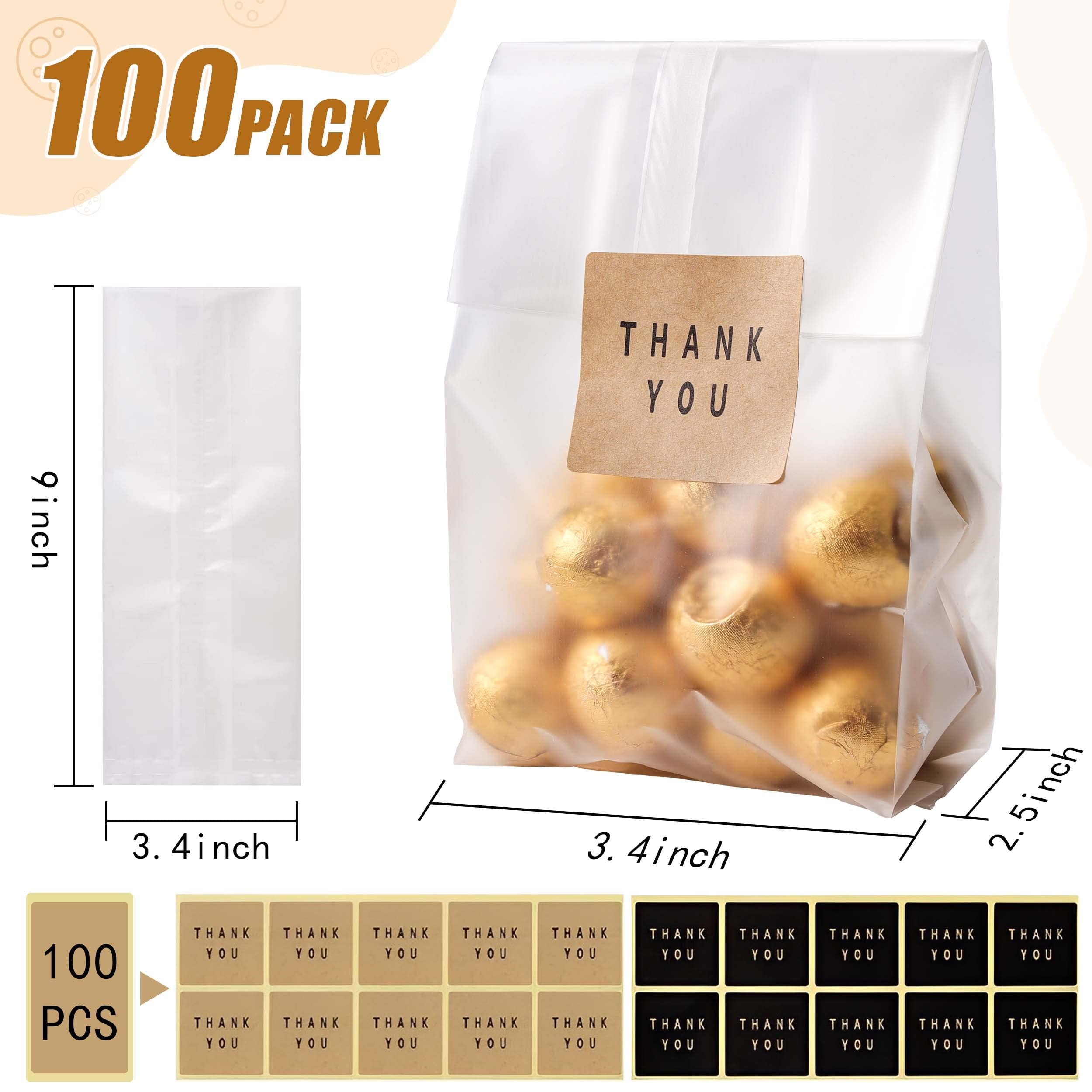 LOKQING Cellophane Treat Bags Cookie bags for Packaging Clear Gift Bags with Stickers for Cookies,Candy,Chocolates(100PACK,9x3.2inch)