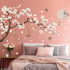 chinese style white flowers black tree and flying birds wall stickers removable diy wall art decor decals murals for offices home walls bedroom study room wall decaoration, 50inchx74inch