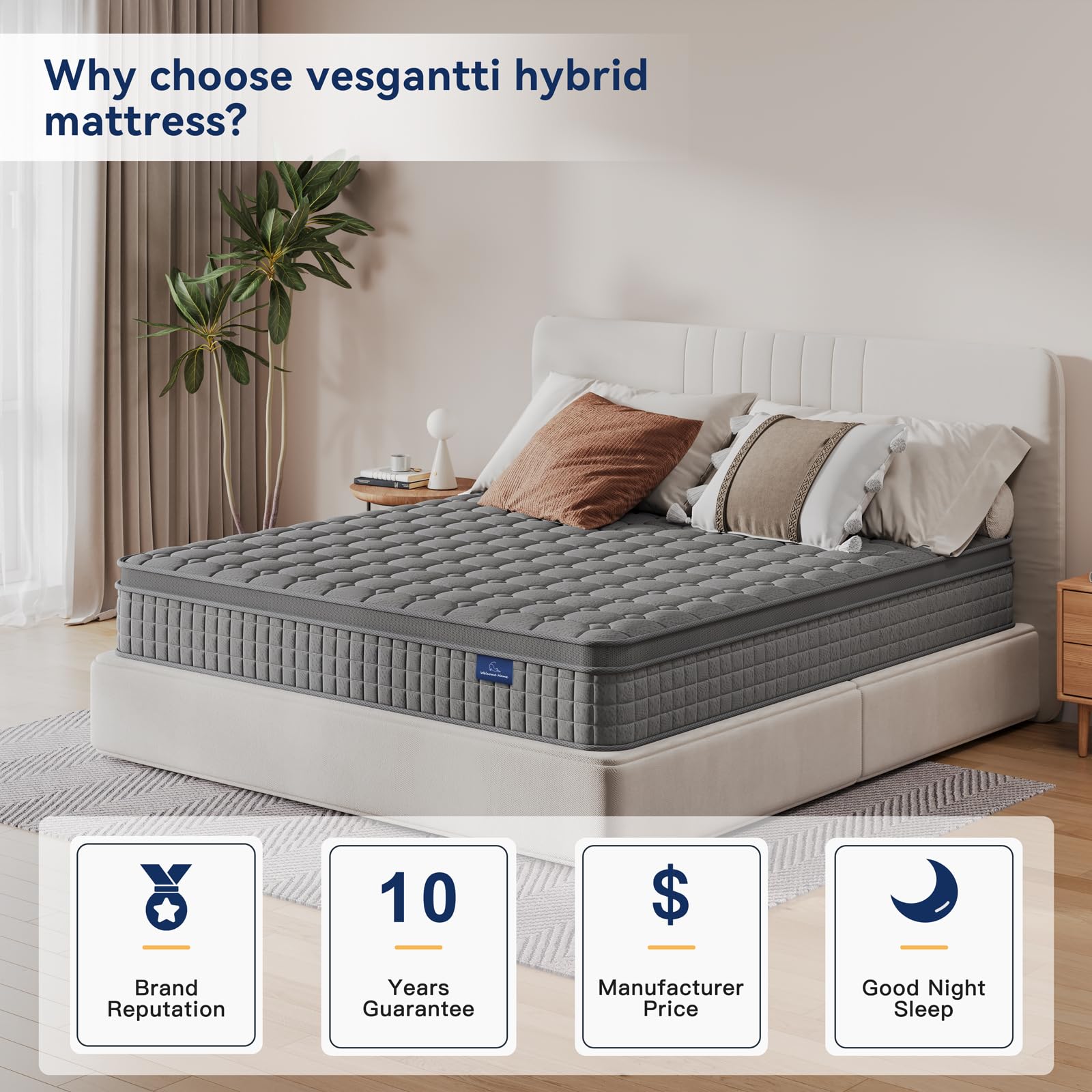 Vesgantti 12 Inch Multilayer Hybrid King Mattress - Multiple Sizes & Styles Available, Ergonomic Design with Memory Foam and Pocket Spring, Medium Firm Feel, Grey