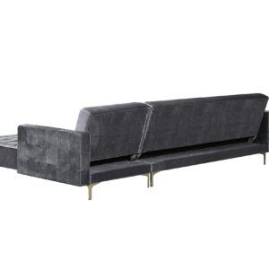 Iconic Home Amandal Convertible Sofa Sleeper Bed L Shape Chaise Tufted Velvet Upholstered Gold Tone Metal Y-Leg Modern Contemporary, Right Facing Sectional, Grey Velvet