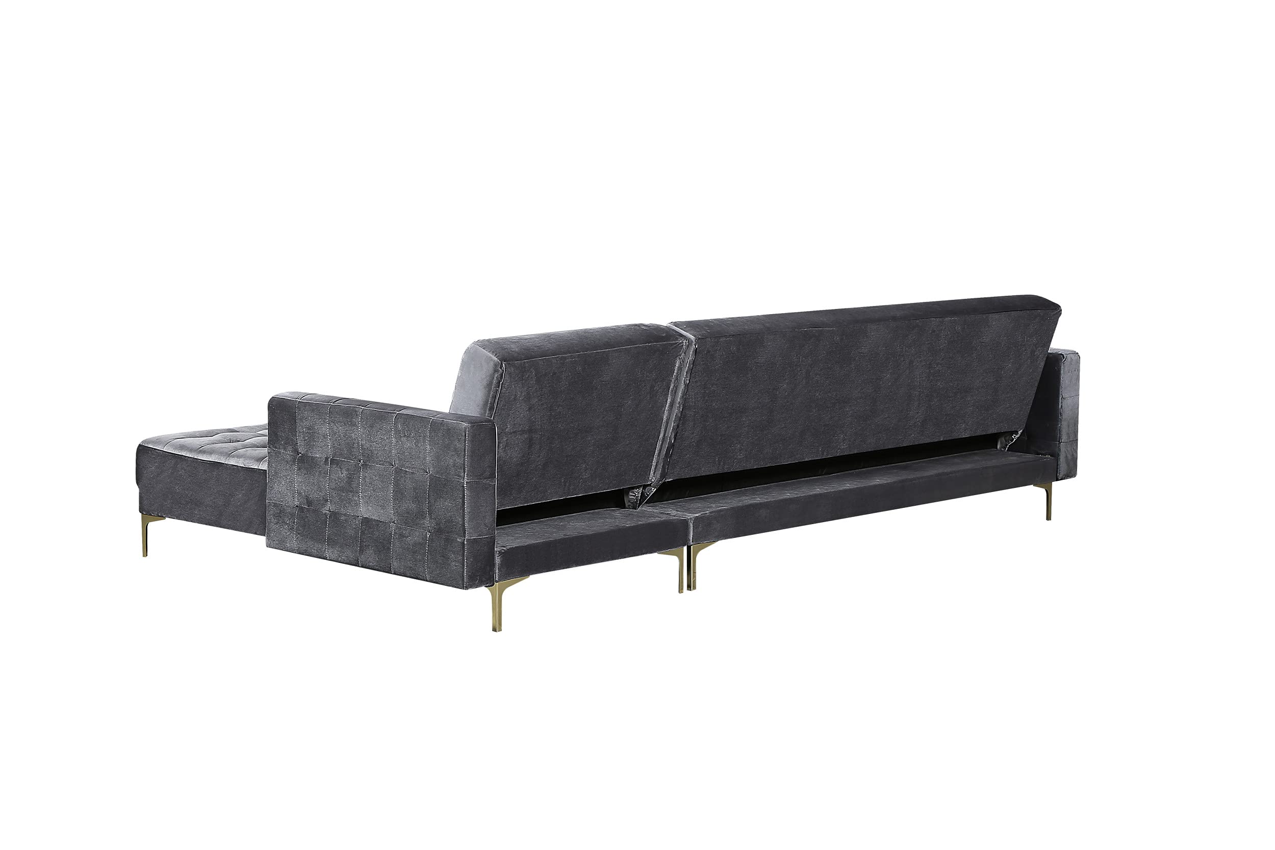 Iconic Home Amandal Convertible Sofa Sleeper Bed L Shape Chaise Tufted Velvet Upholstered Gold Tone Metal Y-Leg Modern Contemporary, Right Facing Sectional, Grey Velvet