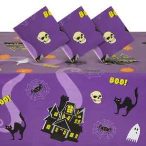 juvale 3-pack halloween table cover for party supplies, purple disposable plastic tablecloth decorations, halloween table decorations for themed parties, birthday celebrations and more (54 x 108 in)