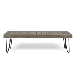 christopher knight home abbet outdoor industrial wood bench, grey/black metal