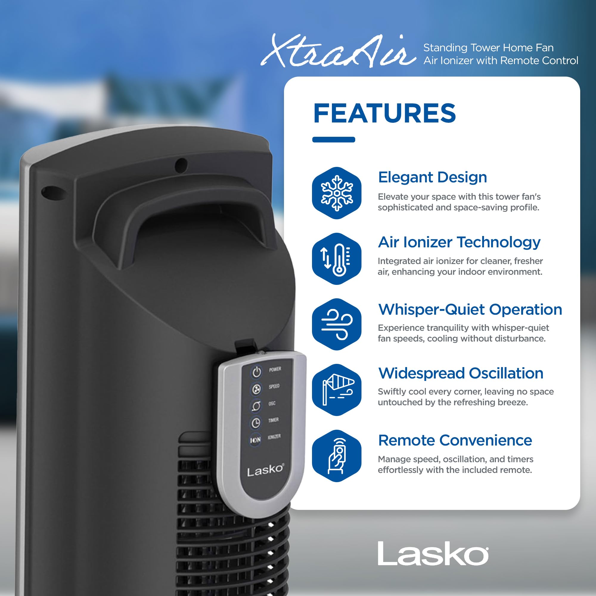 Lasko XtraAir 48 Inch 4 Speed Quiet Widespread Oscillating Standing Tower Home Fan Air Ionizer with Remote Control and 8 Hour Timer, Silver