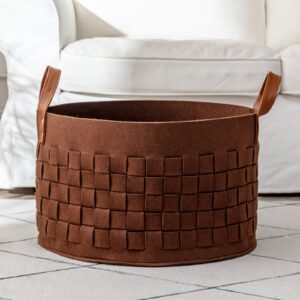 boldmonkey laundry basket 20" x20 x11.8, large felt fabric blanket basket with leather handle, dirt clothes laundry hamper round for babies, dogs and living room-brown