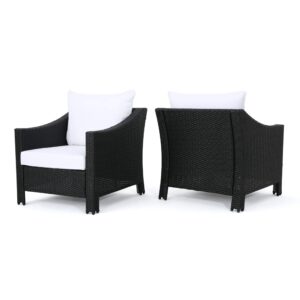 christopher knight home antibes outdoor wicker club chairs with water resistant cushions, 2-pcs set, black / white cushion