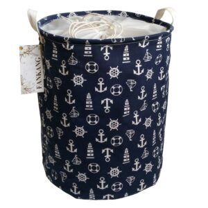 fankang storage basket, nursery hamper canvas laundry basket foldable with waterproof pe coating large storage baskets for kids boys and girls, office, bedroom, clothes,toys（navy anchor）