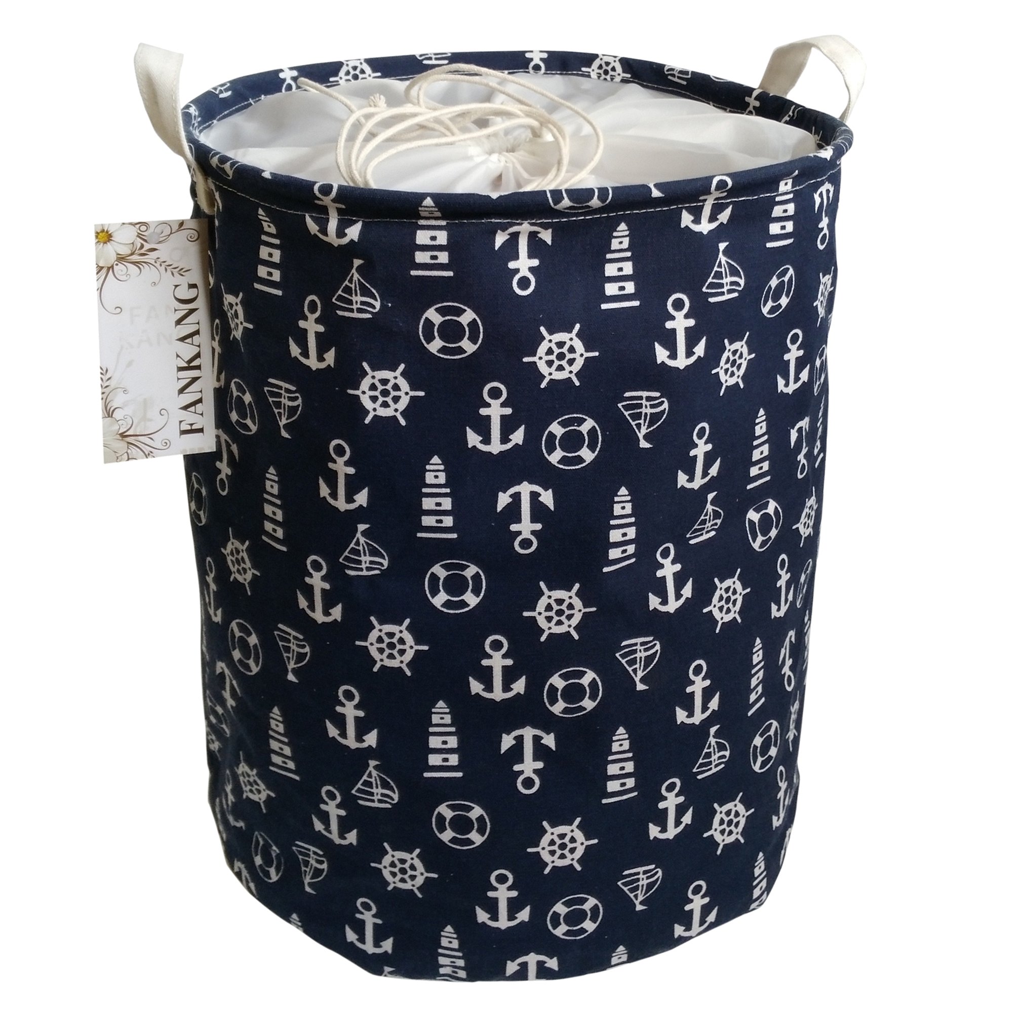 FANKANG Storage Basket, Nursery Hamper Canvas Laundry Basket Foldable with Waterproof PE Coating Large Storage Baskets for Kids Boys and Girls, Office, Bedroom, Clothes,Toys（navy anchor）