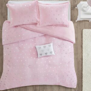 Mi Zone Rosalie Comforter Set for Girls, Ultra-Soft Microlight Plush Metallic Printed Hearts Brushed Reverse Overfilled Down Alternative Hypoallergenic All Season, , Full/Queen, Pink/Silver, 4 Piece