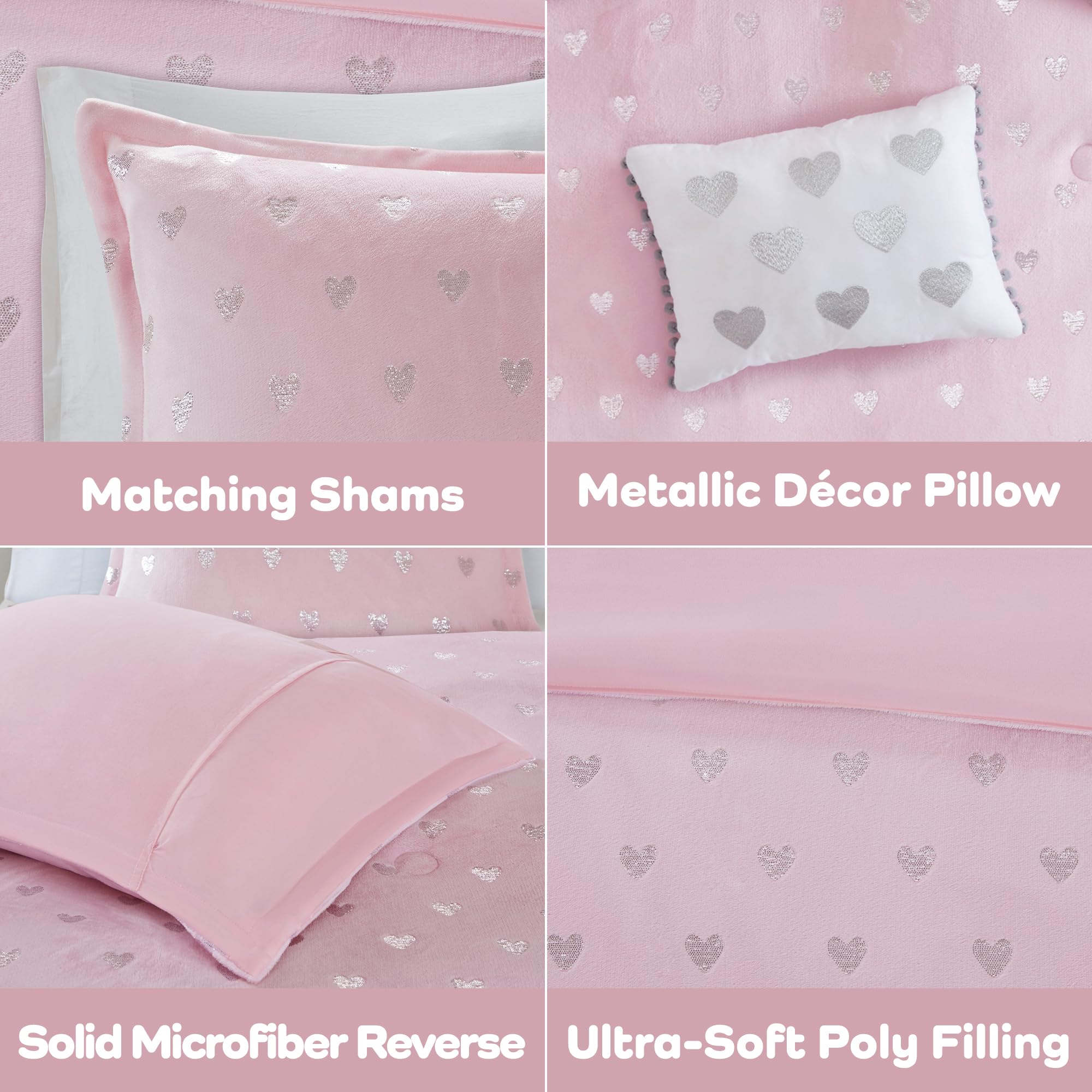 Mi Zone Rosalie Comforter Set for Girls, Ultra-Soft Microlight Plush Metallic Printed Hearts Brushed Reverse Overfilled Down Alternative Hypoallergenic All Season, , Full/Queen, Pink/Silver, 4 Piece