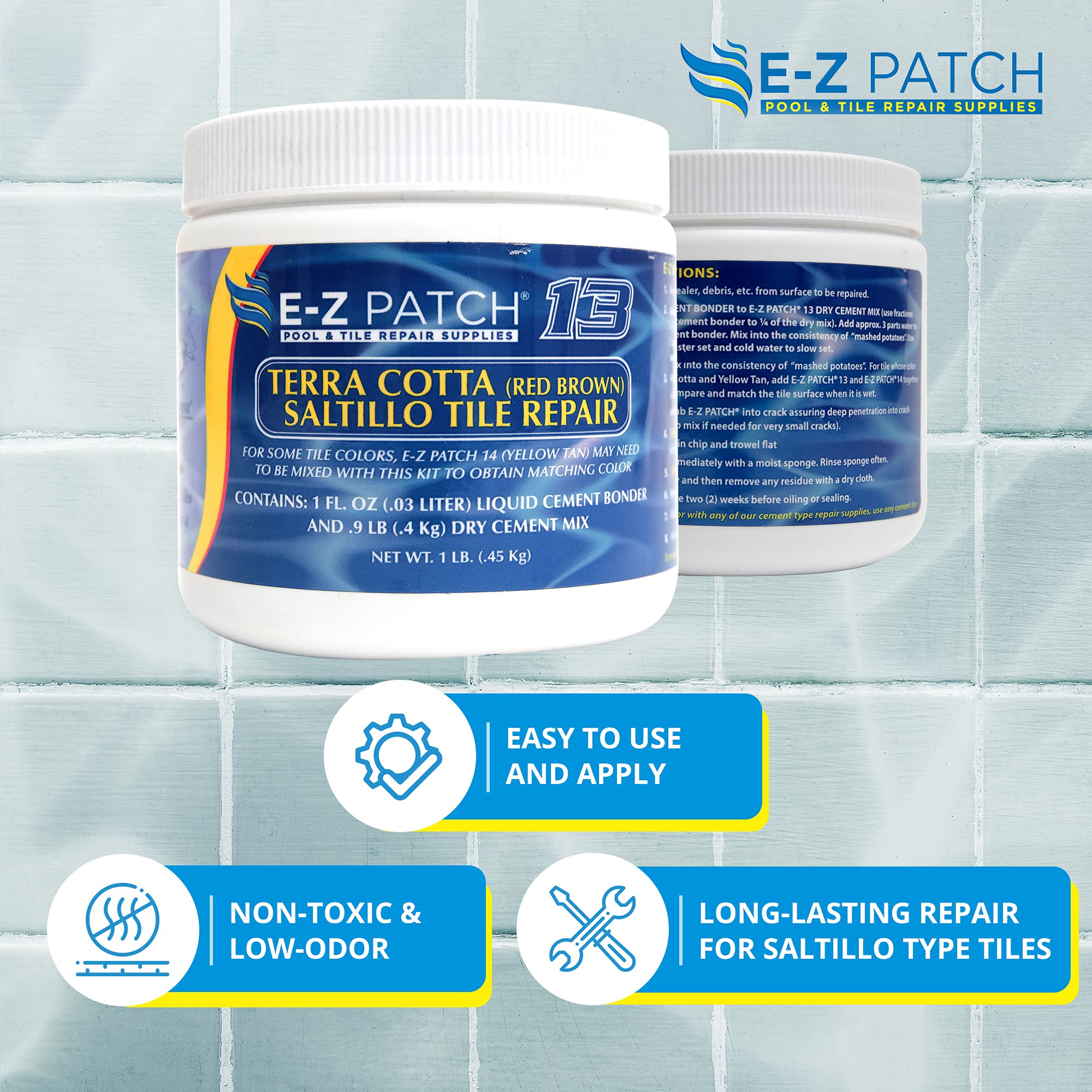 E-Z Patch 13 Saltillo Tile Repair Kit - DIY TerraCotta Tile Filler - (Red-Brown, 1 Pound)