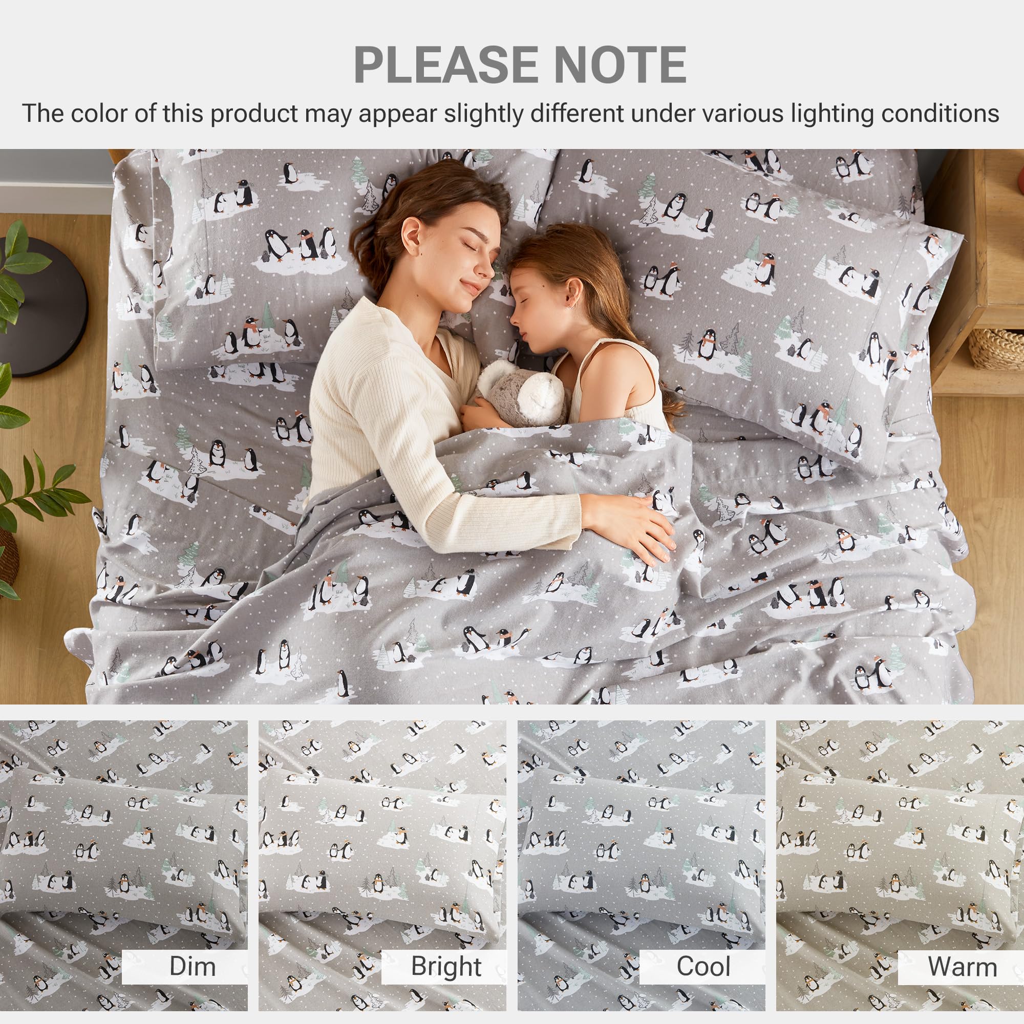 Sleep Philosophy True North Cozy Flannel Warm 100% Cotton Sheet - Novelty Print Animals Stars Cute Ultra Soft Cold Weather Bedding Set, Twin, Grey Penguins 3 Piece