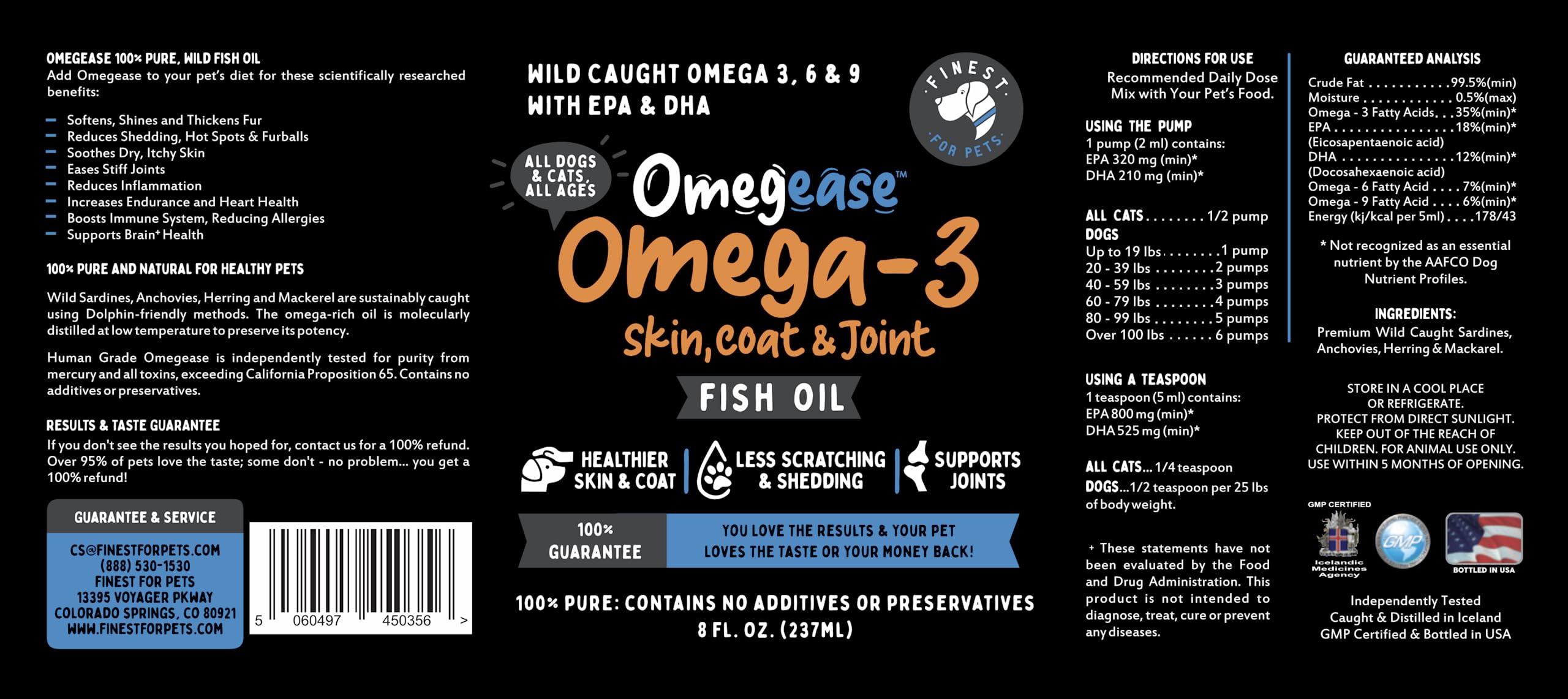 100% Pure Omega 3 Fish Oil for Dogs & Cats - Omegease Supplement for Skin & Coat, Itching, Shedding, Joints & Immune Health (8 oz)