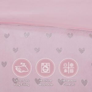 Mi Zone Rosalie Comforter Set for Girls, Ultra-Soft Microlight Plush Metallic Printed Hearts Brushed Reverse Overfilled Down Alternative Hypoallergenic All Season, , Full/Queen, Pink/Silver, 4 Piece