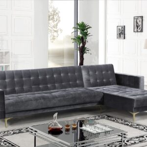 Iconic Home Amandal Convertible Sofa Sleeper Bed L Shape Chaise Tufted Velvet Upholstered Gold Tone Metal Y-Leg Modern Contemporary, Right Facing Sectional, Grey Velvet