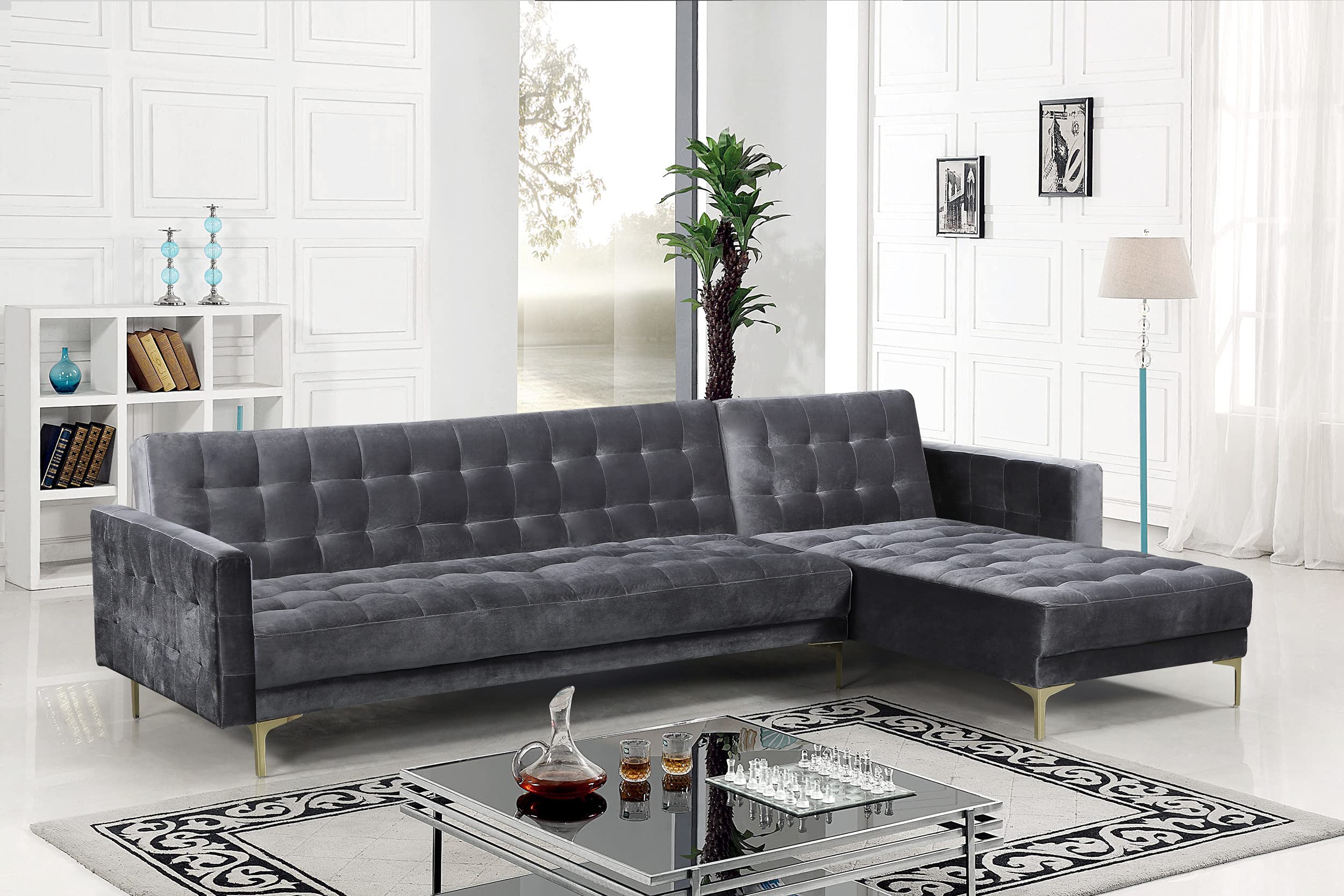 Iconic Home Amandal Convertible Sofa Sleeper Bed L Shape Chaise Tufted Velvet Upholstered Gold Tone Metal Y-Leg Modern Contemporary, Right Facing Sectional, Grey Velvet