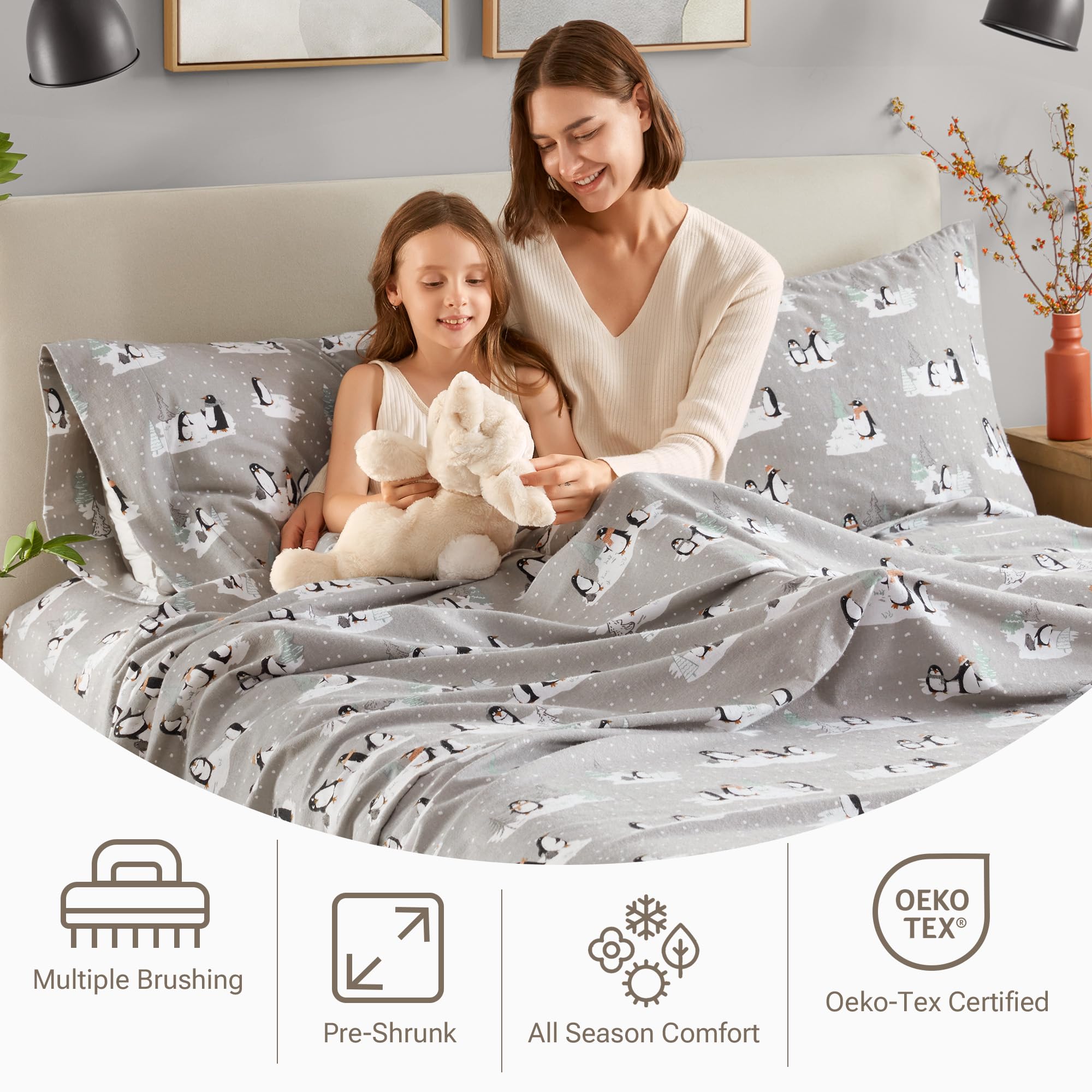 Sleep Philosophy True North Cozy Flannel Warm 100% Cotton Sheet - Novelty Print Animals Stars Cute Ultra Soft Cold Weather Bedding Set, Twin, Grey Penguins 3 Piece