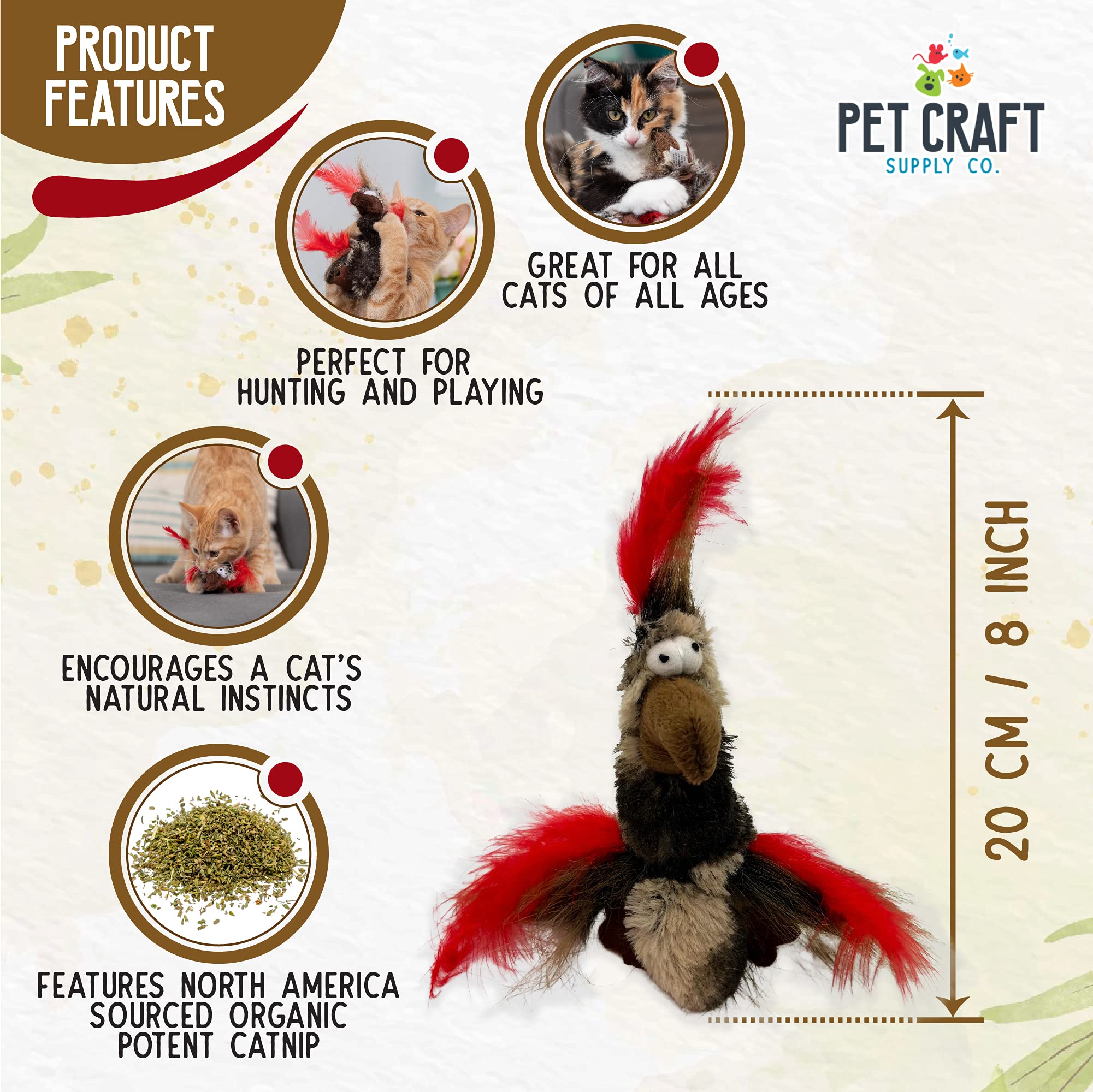 Pet Craft Supply Co. Kitty Condor Crazy Catnip Cuddler Funny Cuddling Chasing Hunting Irresistible Stimulating Soft Plush Boredom Relief Interactive Cat Toy with Realistic Feathers, All Breed Sizes