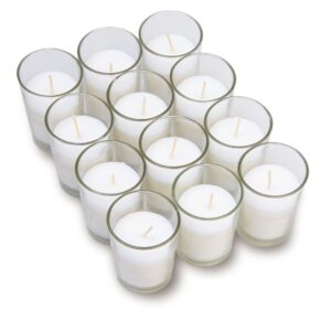 harmonic blossom glass votives - premium white unscented votive candles in clear elegant holders - 15 hour long lasting burn time - for weddings, parties and event decoration centerpieces (12 pack)