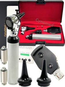 student home use excellent otoscope kit set led otoscope 3.5v black with hard case plus extra replacement bulb plus specula cynamed