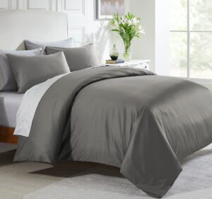 california design den cotton duvet cover king size, 3 piece slate grey bedding set, 100% pure cotton sateen weave, 400 thread count comforter cover & two pillow shams with button closure, corner ties