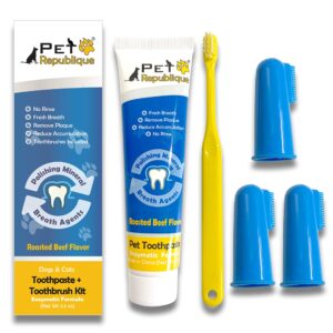 pet republique enzymatic dog toothpaste kit with finger toothbrushes cats and dogs dental cleaning kit - 3.5 oz beef flavor toothpaste, 3 silicon finger toothbrushes, 1 mini handle toothbrush