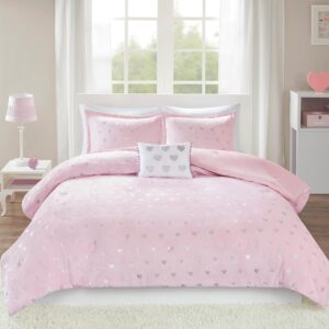 mi zone rosalie comforter set for girls, ultra-soft microlight plush metallic printed hearts brushed reverse overfilled down alternative hypoallergenic all season, , full/queen, pink/silver, 4 piece