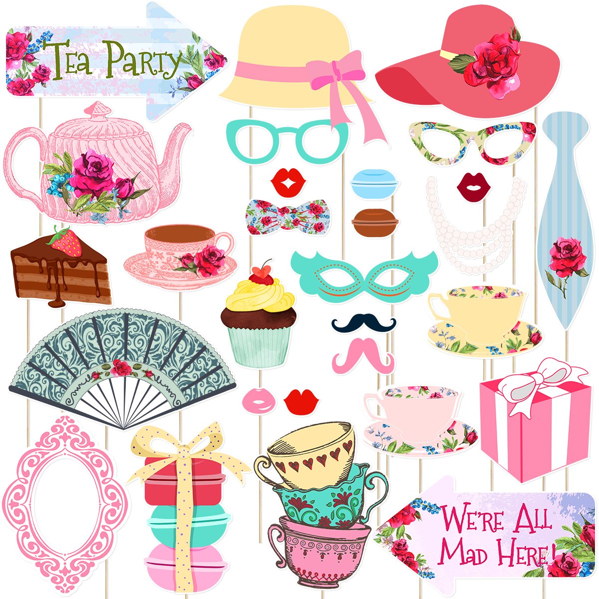 LUOEM Tea Party Photo Booth Props Funny Tea Party Supplies for Wedding Bachelorette Engagement Birthday Bridal Shower Christmas Party Decorations (30 Pack)