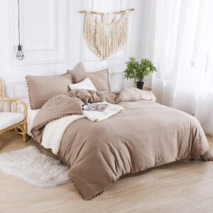 moonxhome duvet cover set queen size boho aesthetic comforter cover bed set ball pom poms fringe luxury 100% super soft microfiber 3 piece duvet cover set includes 2 pillow shams tawny