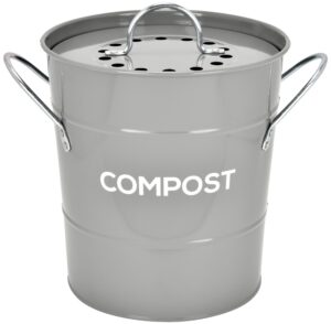 spigo indoor kitchen compost bin, great for food scraps, includes charcoal filter for odor absorbing, removable clean plastic bucket, handles, durable stainless retro design, 1 gallon, grey