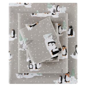 sleep philosophy true north cozy flannel warm 100% cotton sheet - novelty print animals stars cute ultra soft cold weather bedding set, twin, grey penguins 3 piece