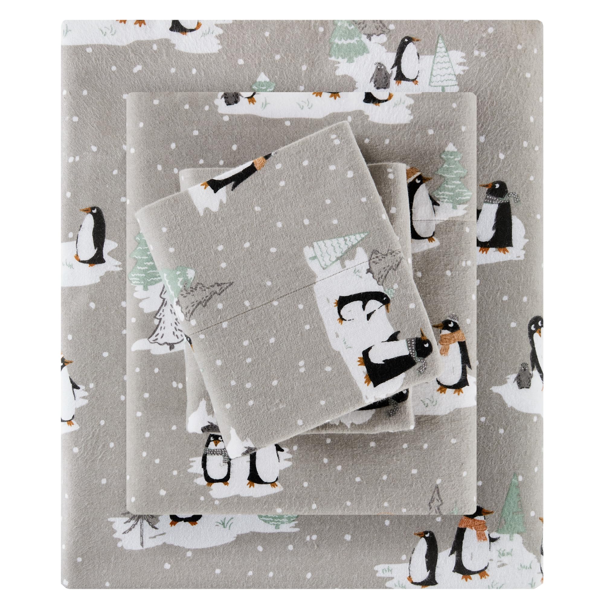 Sleep Philosophy True North Cozy Flannel Warm 100% Cotton Sheet - Novelty Print Animals Stars Cute Ultra Soft Cold Weather Bedding Set, Twin, Grey Penguins 3 Piece