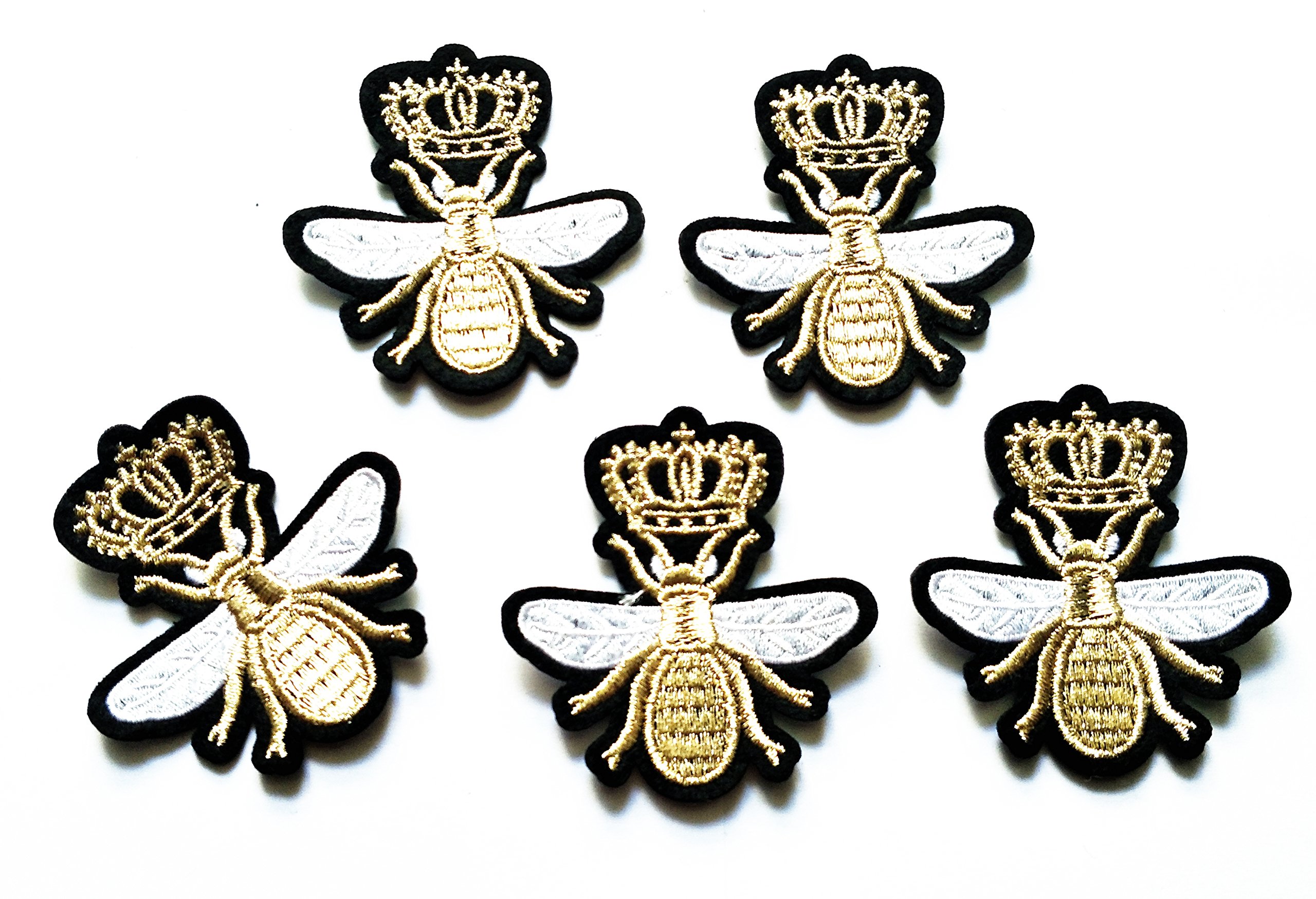 Nipitshop Patches Set 5 Pcs Golden Crown BEE Insect Bugs Cute Kids Bumble Bee Shape Iron On Embroidered Applique Patch for Clothes Backpacks T-Shirt Jeans Skirt Vests Scarf Hat Bag