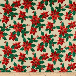 santee print works cream yard christmas cheer poinsettias metallic fabric